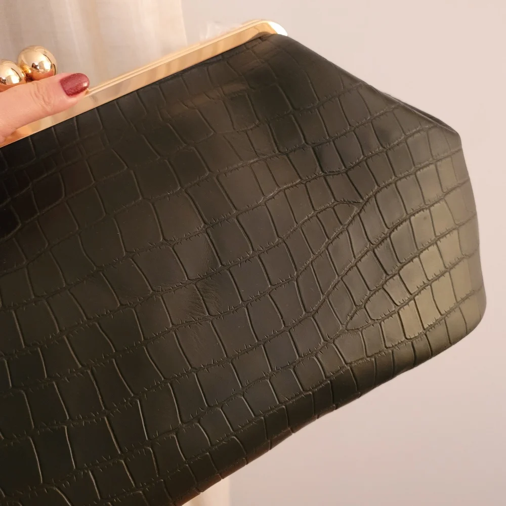Jesalin | Bags | Jesalin Sette Oversized Kisslock Clutch Black Croc ...